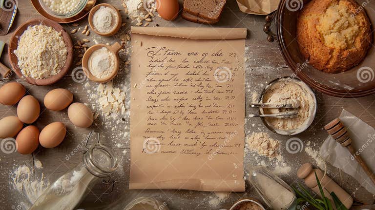 Rustic Baking Scene with Ingredients and Recipe on Parchment Stock ...