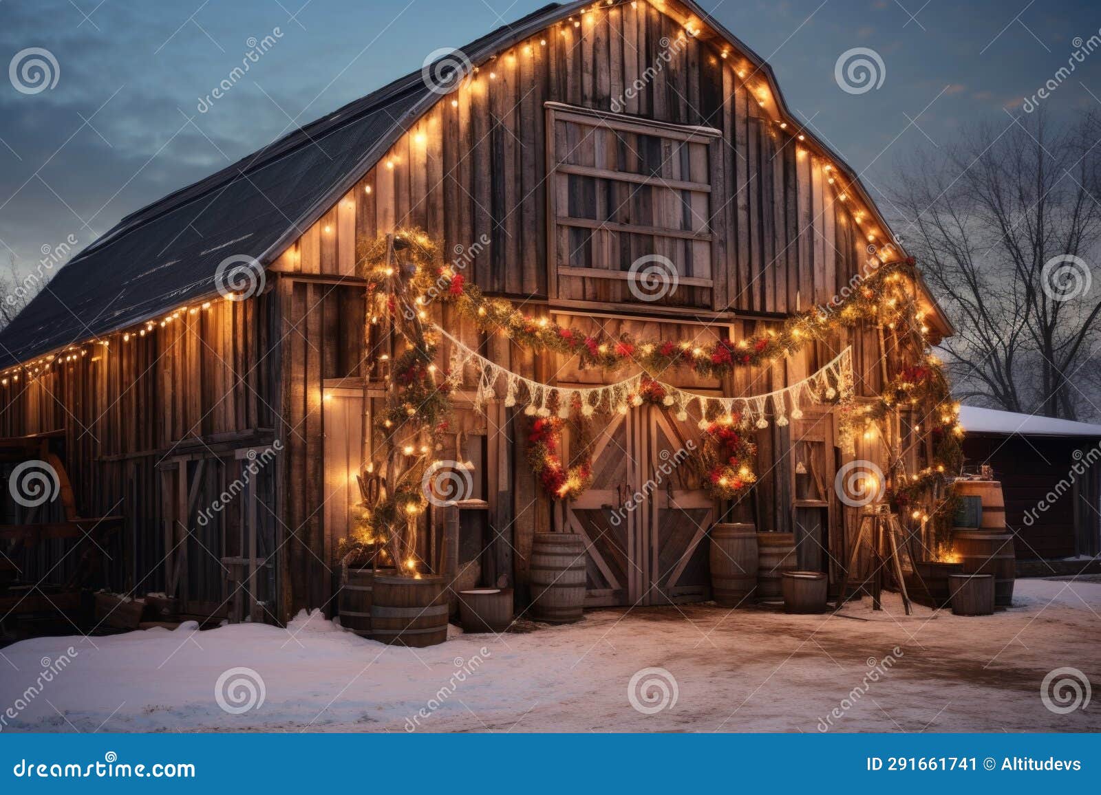 Rustic Barn Adorned with Multicolored Twinkling Lights in the Snow ...