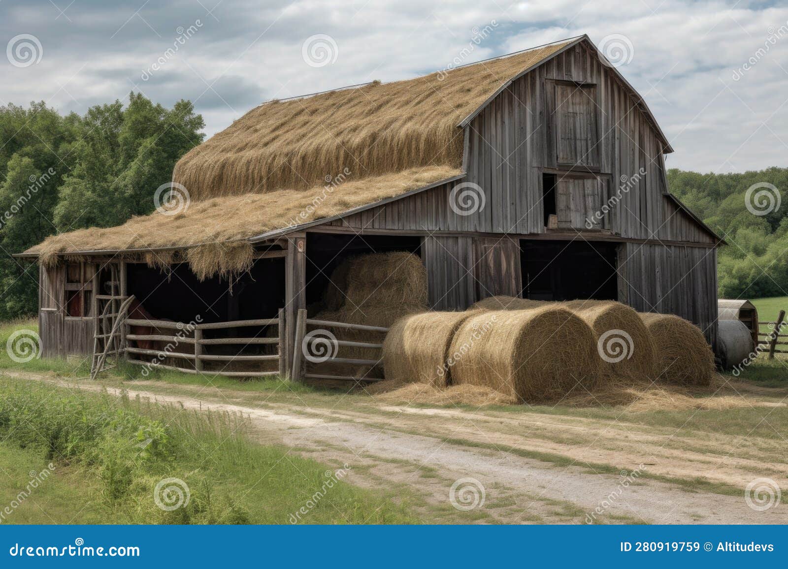 Rustic Barn with Bales of Hay and Horse Stabled Inside Stock Image ...