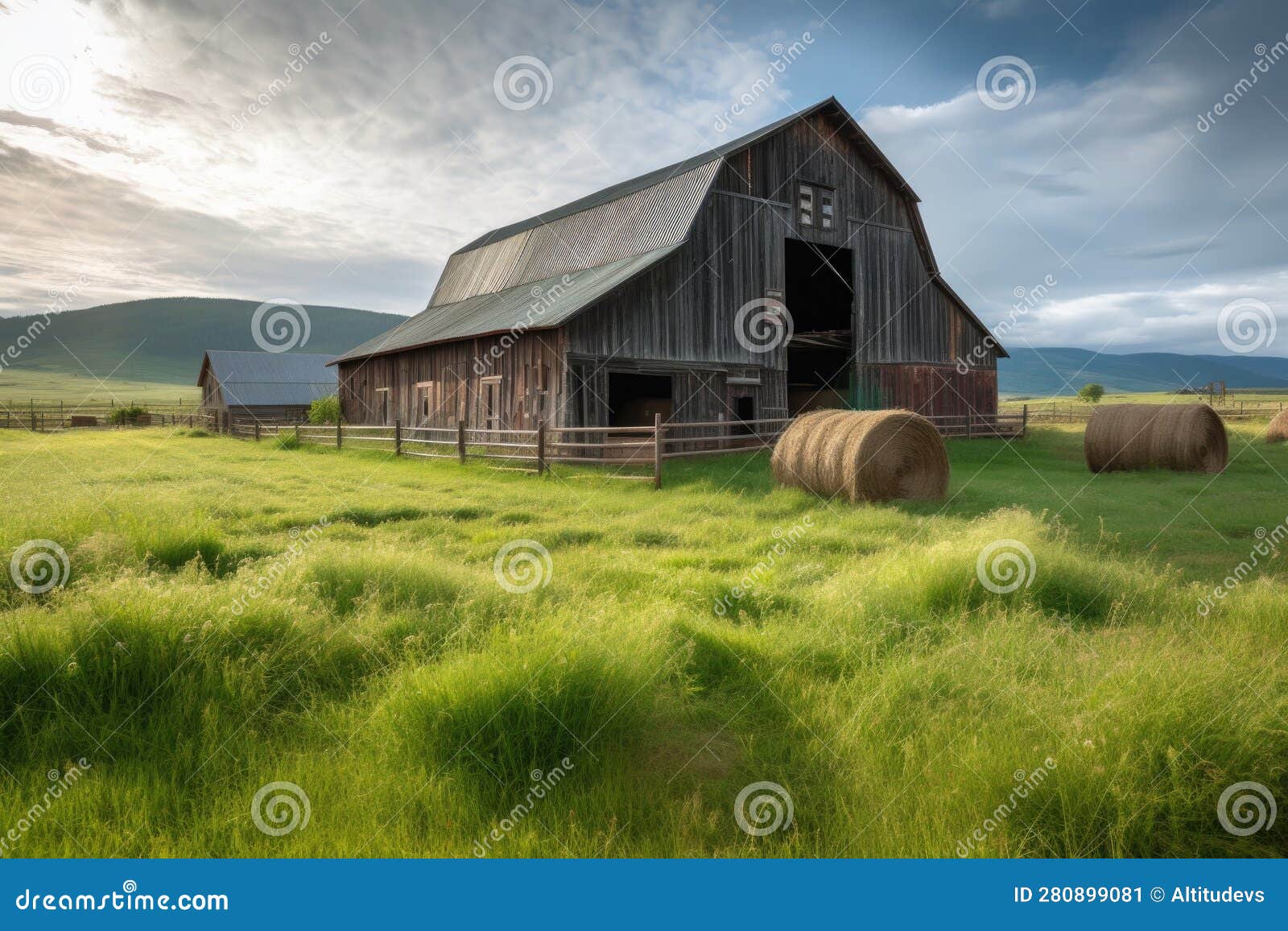 Rustic Barn with Bales of Hay Rustling in the Breeze, Surrounded by ...