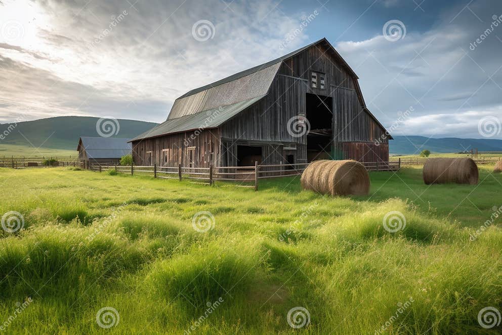Rustic Barn with Bales of Hay Rustling in the Breeze, Surrounded by ...