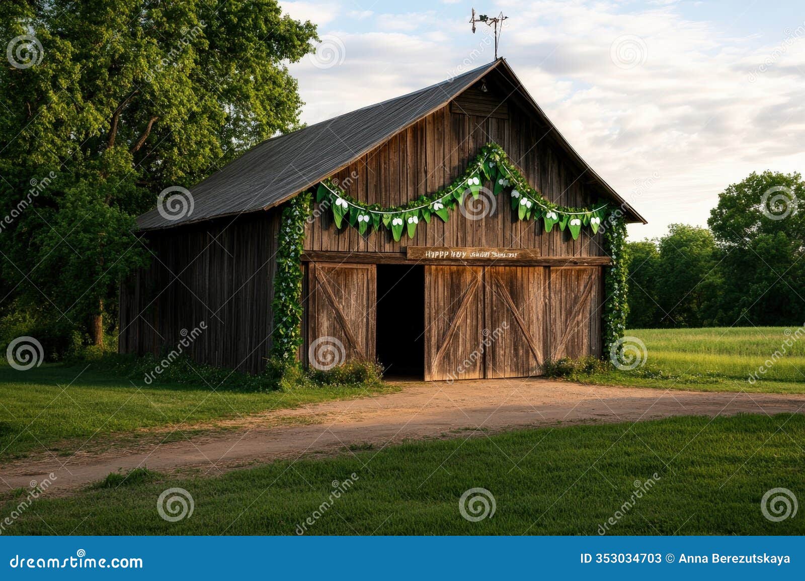 Rustic Barn Decorated for Outdoor Event with Festive Greenery and ...