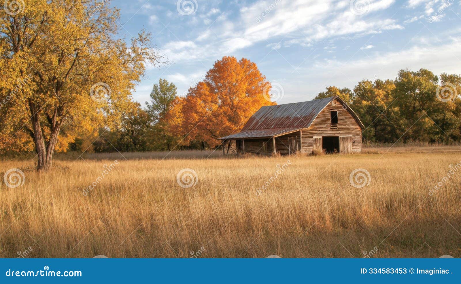 Rustic Barn with Fall Foliage and Golden Grass Field Stock Illustration ...