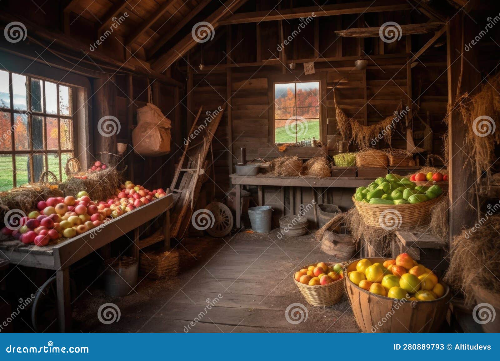 Rustic Barn Filled with Bountiful Harvest, Including Apples and ...