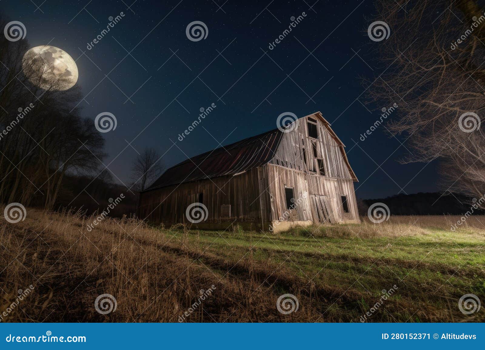 Rustic Barn with Full Moon Shining in the Night Sky Stock Illustration ...