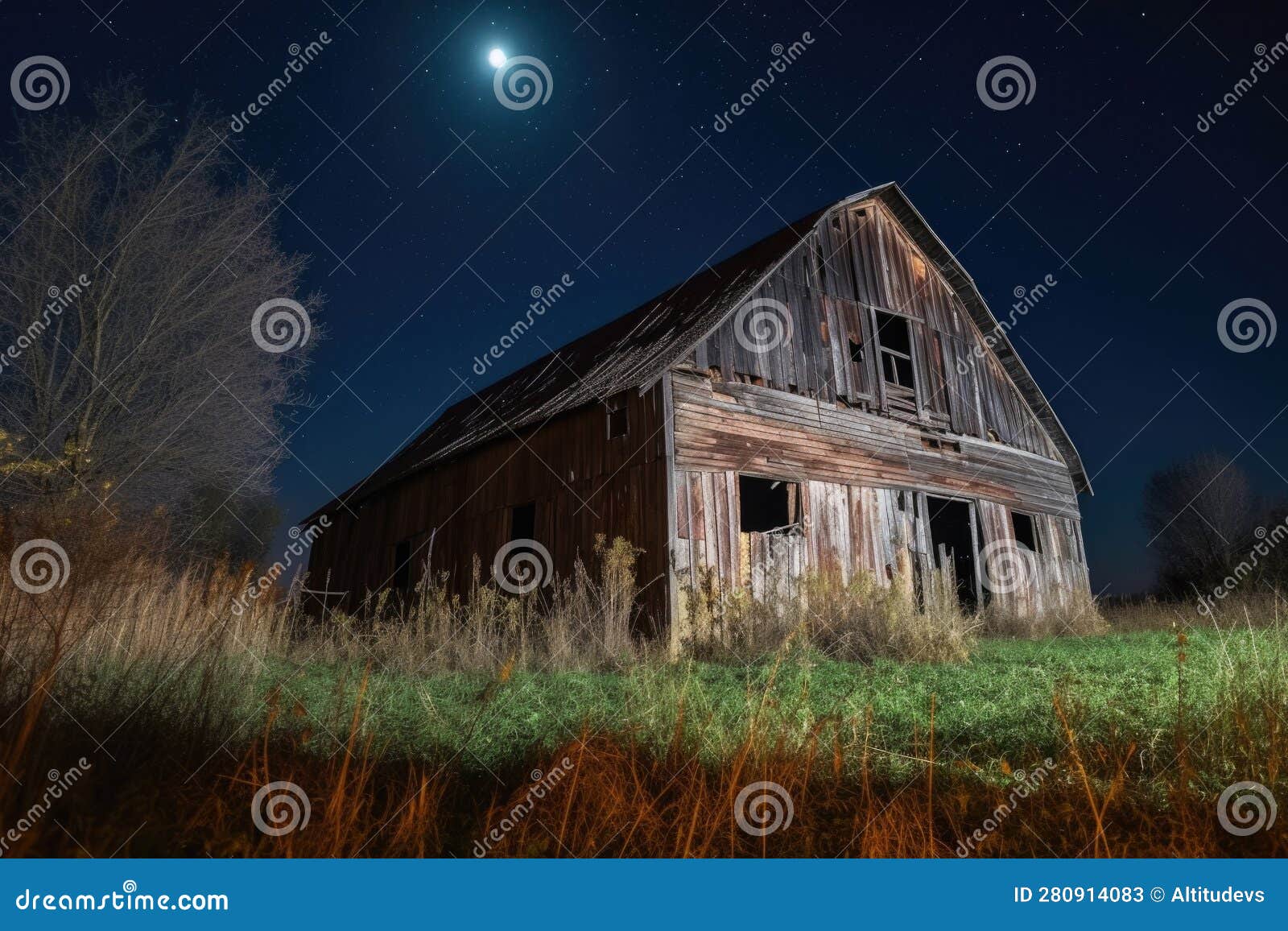 Rustic Barn with Full Moon Shining in the Night Sky Stock Illustration ...