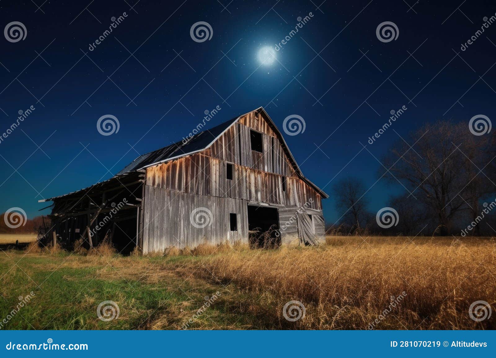 Rustic Barn with Full Moon Shining in the Night Sky Stock Illustration ...