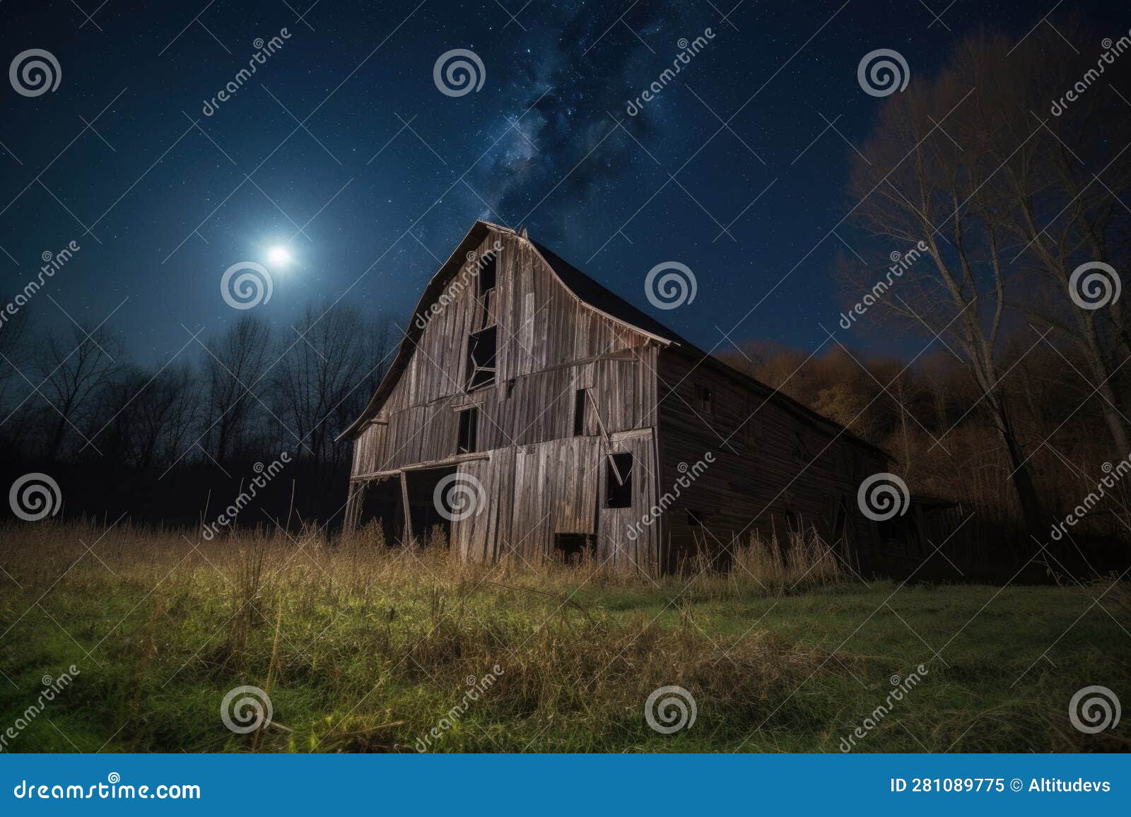 Rustic Barn with Full Moon Shining in the Night Sky Stock Illustration ...