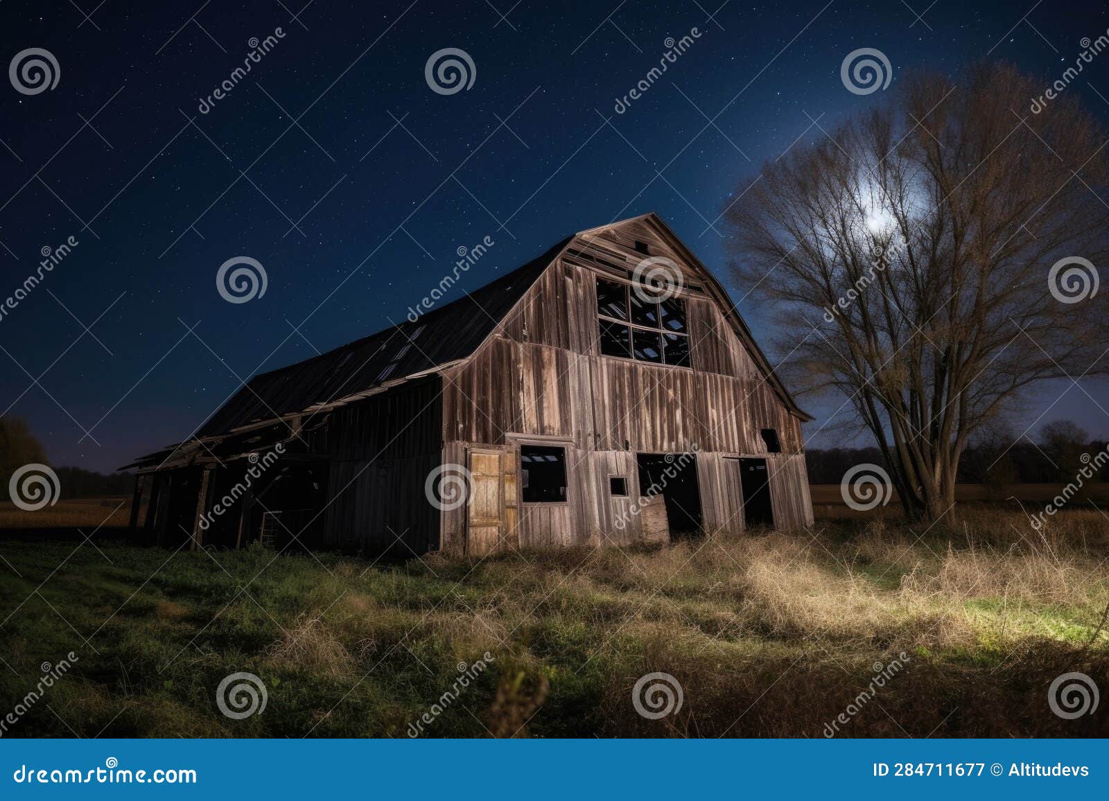 Rustic Barn with Full Moon Shining in the Night Sky Stock Image - Image ...