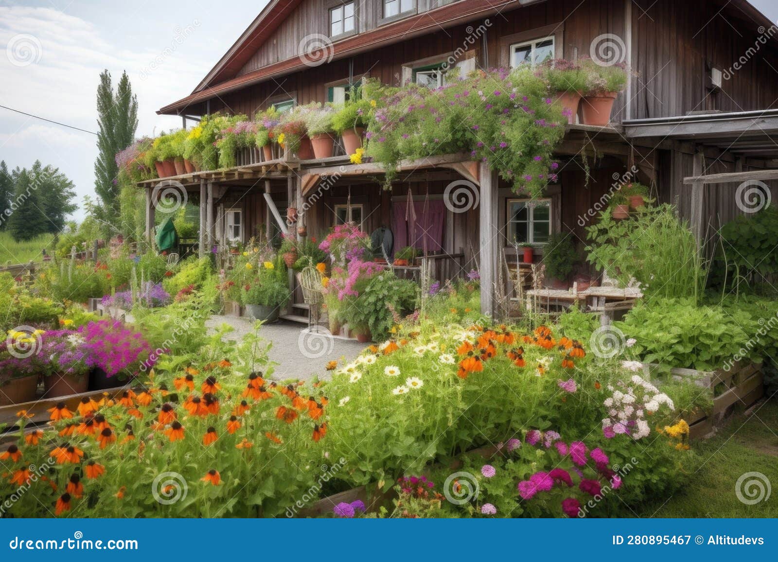 Rustic Barn with Garden Full of Colorful Blooms and Vegetables Stock ...