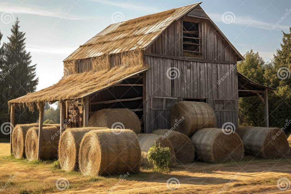 Rustic Barn with Hay Bale Stack. Generative AI Stock Illustration ...