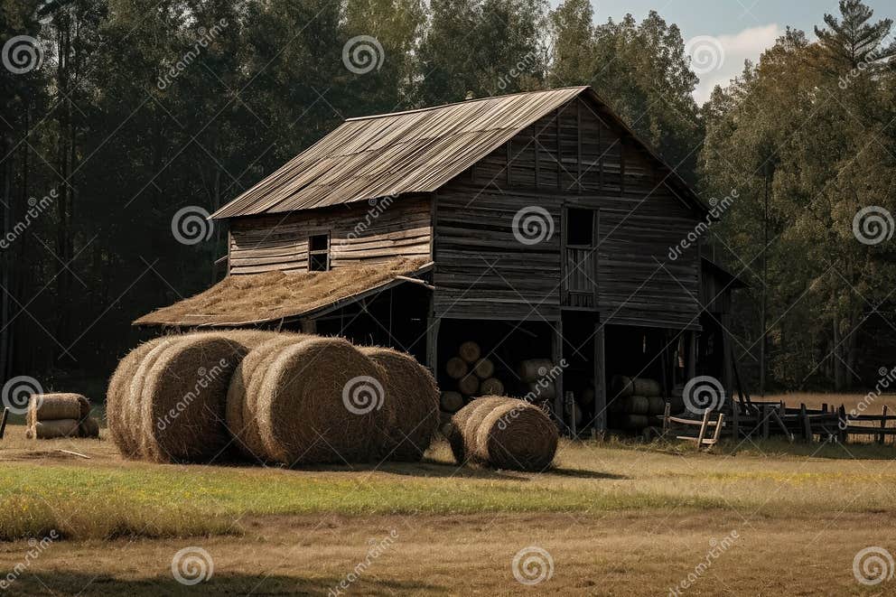 Rustic Barn with Hay Bale Stack. Generative AI Stock Illustration ...