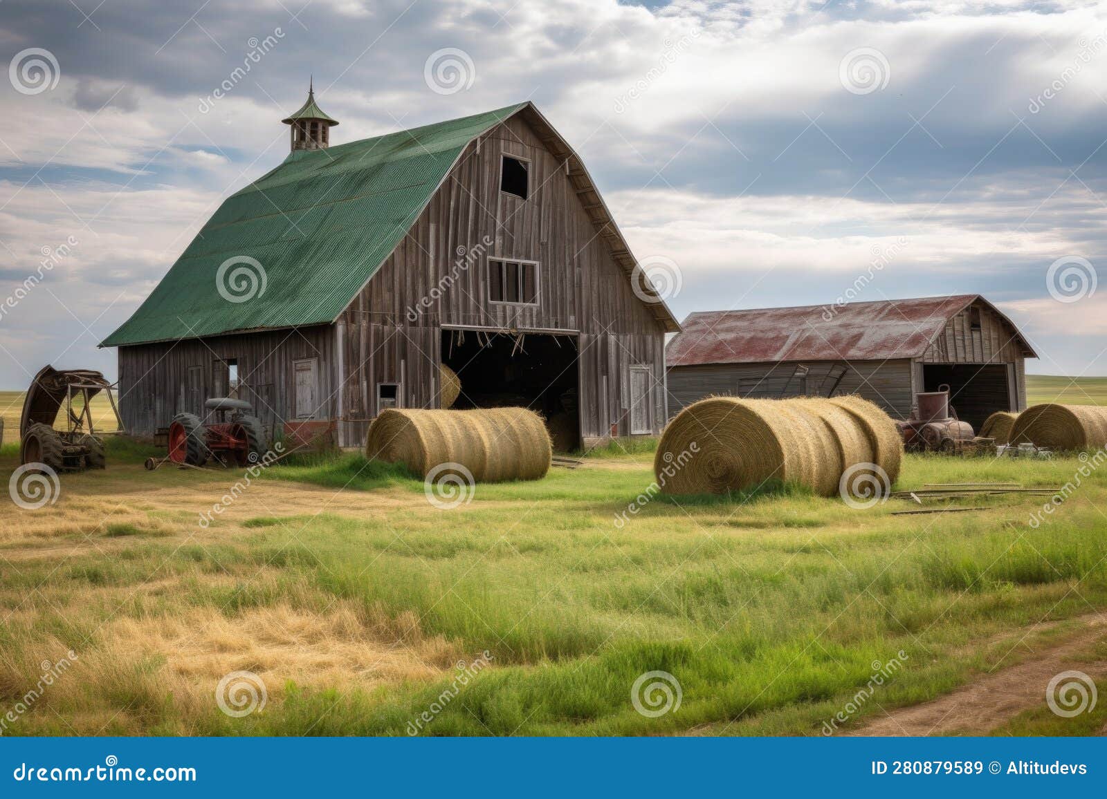 Rustic Barn with Hay Bales and Farm Equipment, Surrounded by Windblown ...