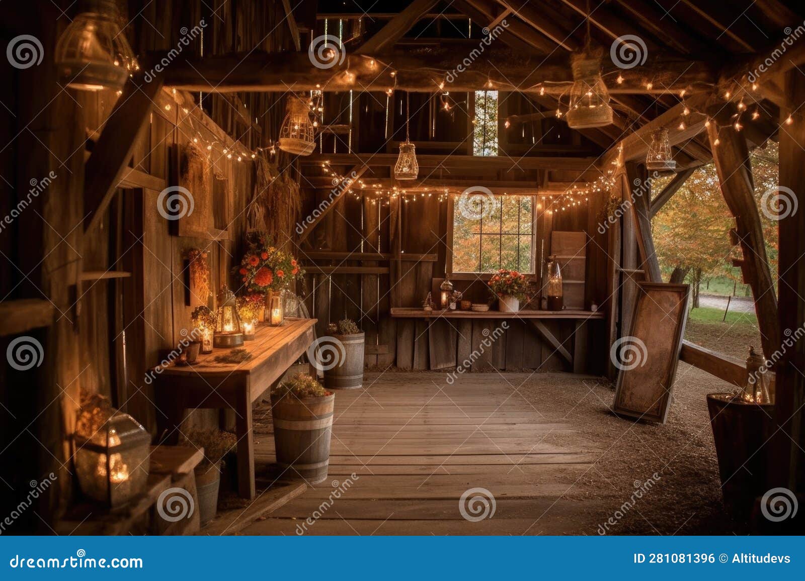 Rustic Barn with Lanterns and Twinkle Lights for Magical Setting Stock ...