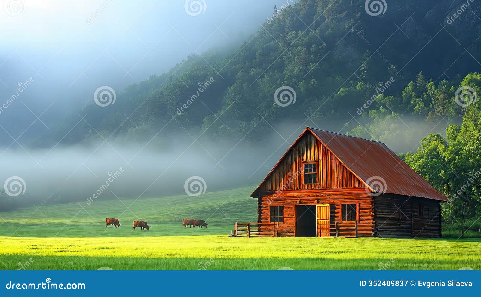 Rustic Barn in Misty Mountain Landscape with Grazing Cows at Sunrise ...