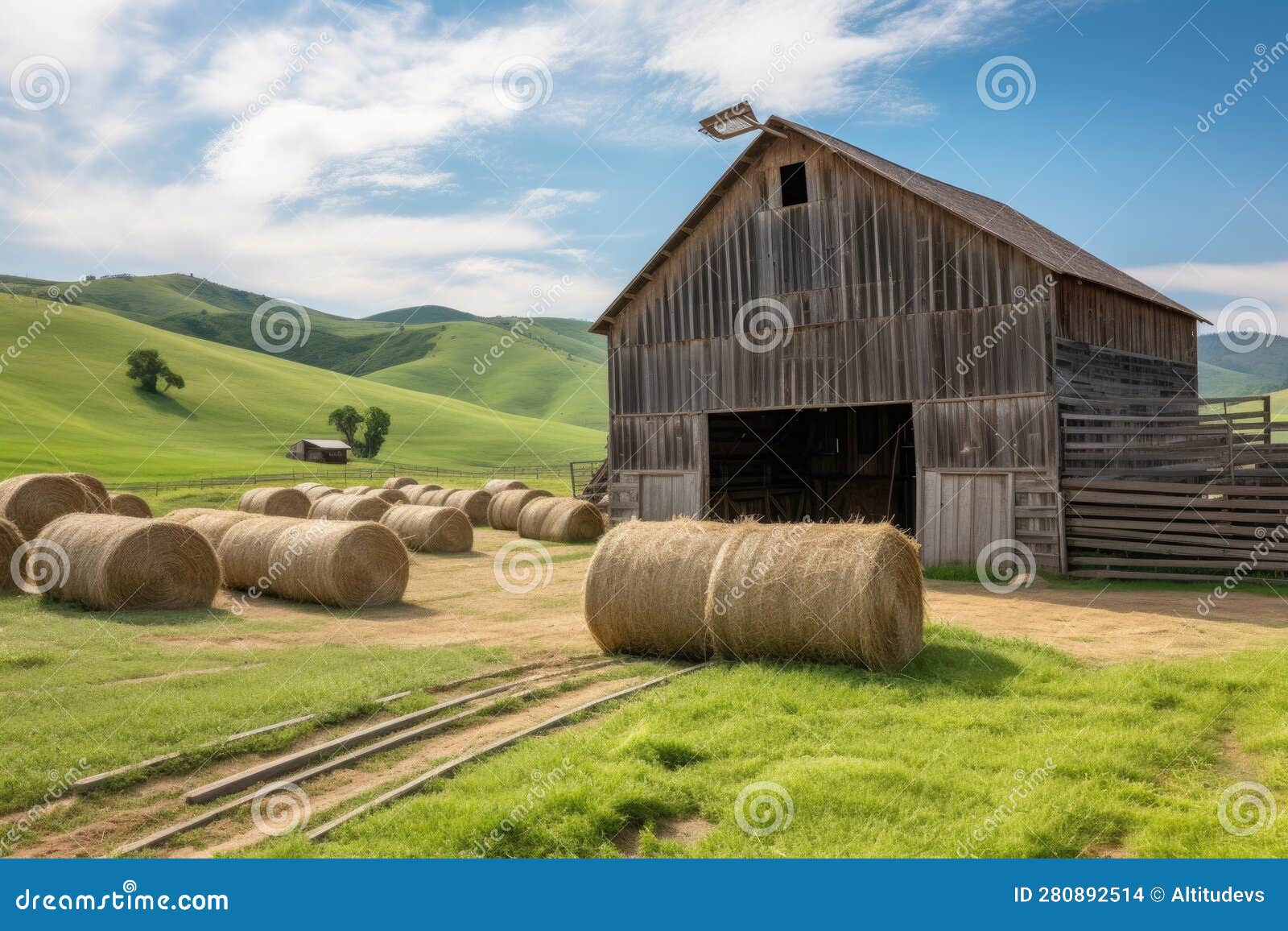 Rustic Barn with Overflowing Bales of Hay among the Rolling Hills Stock ...