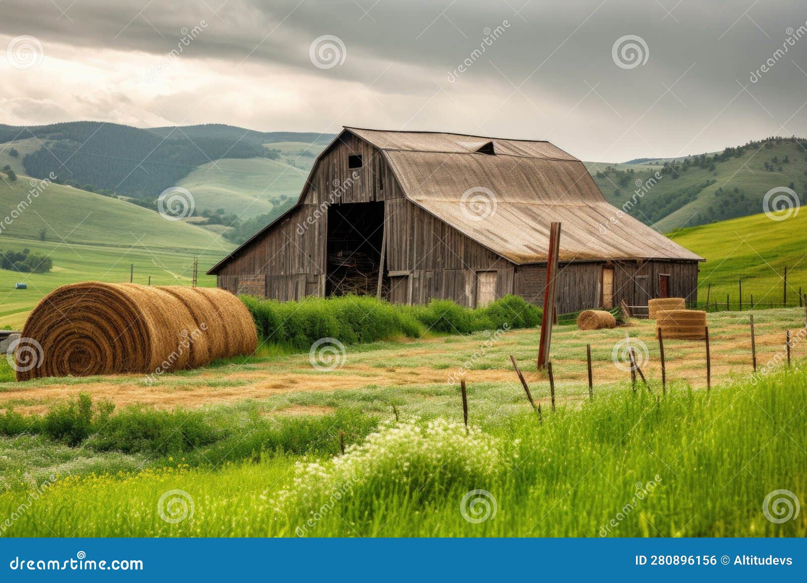 Rustic Barn with Overflowing Bales of Hay among the Rolling Hills Stock ...