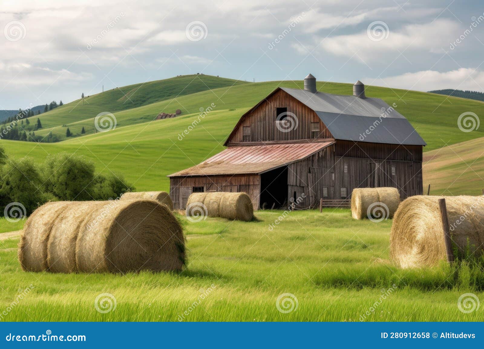 Rustic Barn with Overflowing Bales of Hay among the Rolling Hills Stock ...
