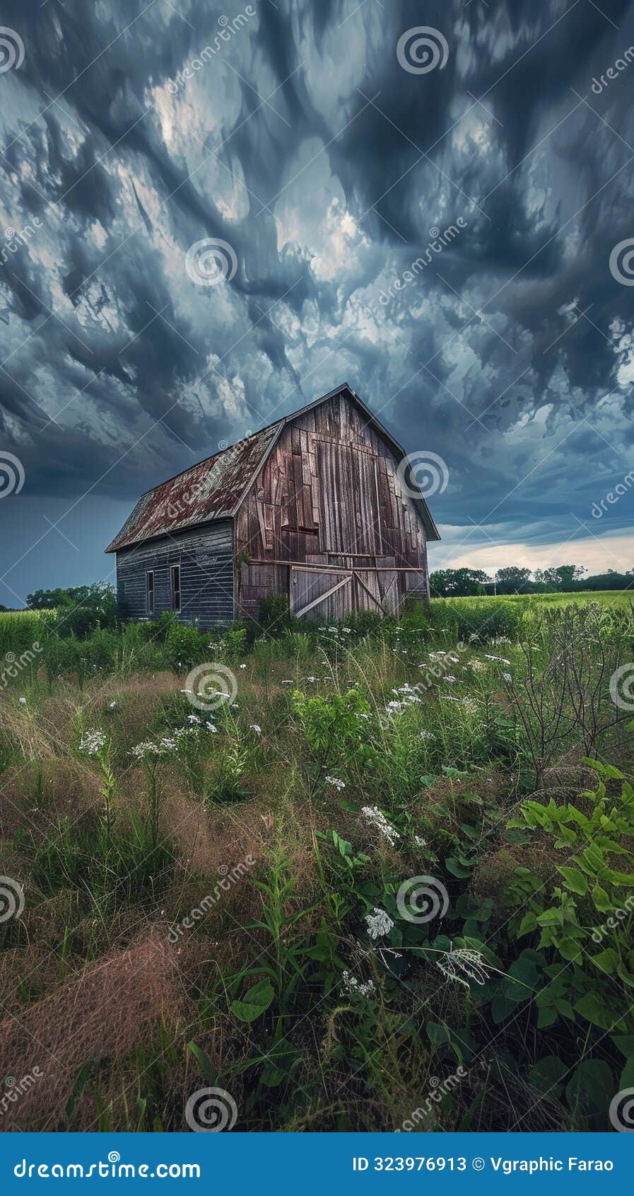 Rustic Barn in Overgrown Field with Stormy Sky, Dramatic Rural Scenery ...