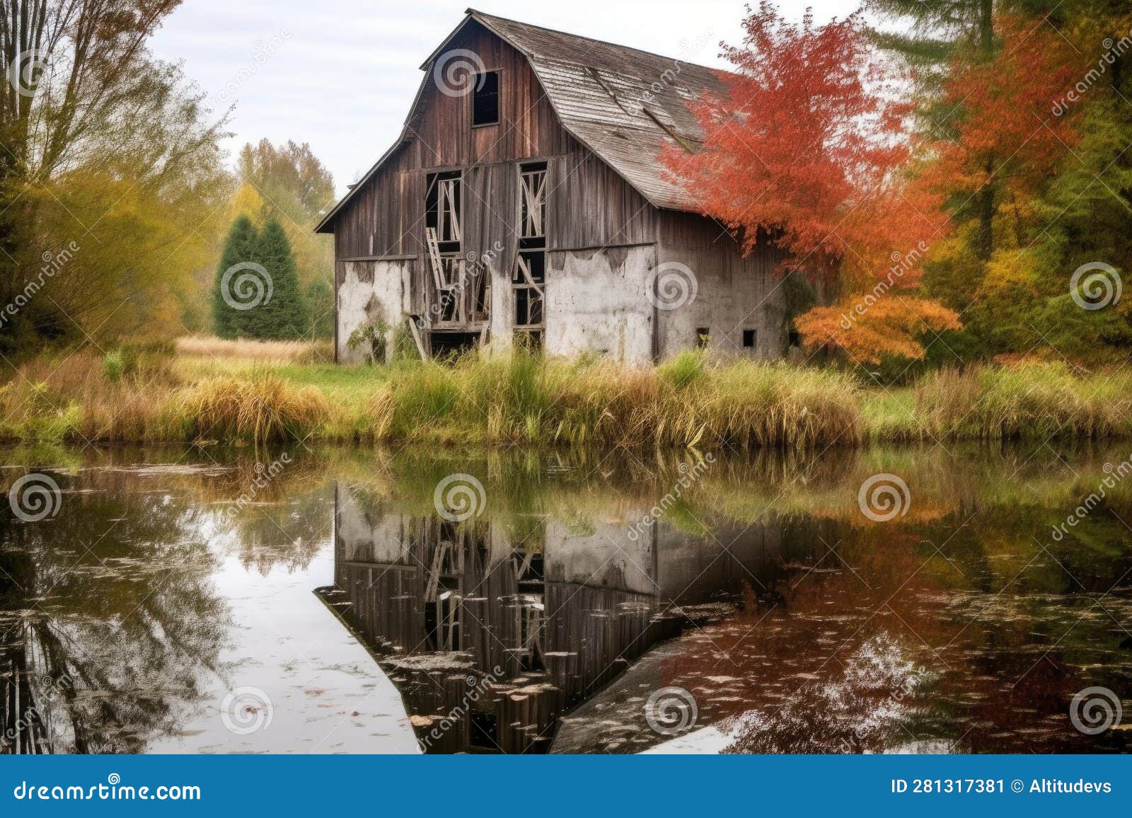 Rustic Barn Reflected in a Serene Pond Stock Illustration ...