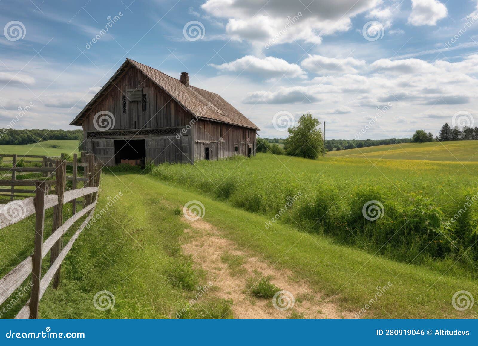 Rustic Barn Scene with a View of the Rolling Fields, Ideal for Horse ...