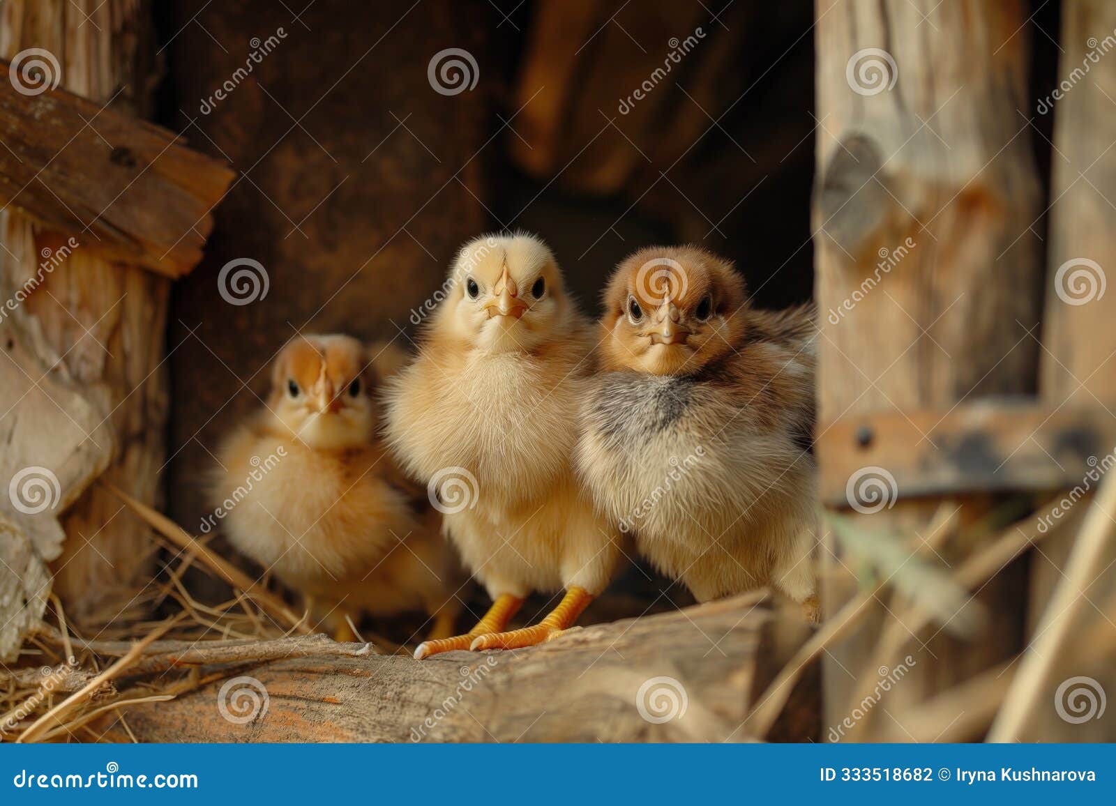 Rustic Barn Setting Features Three Young Chickens Standing Together ...