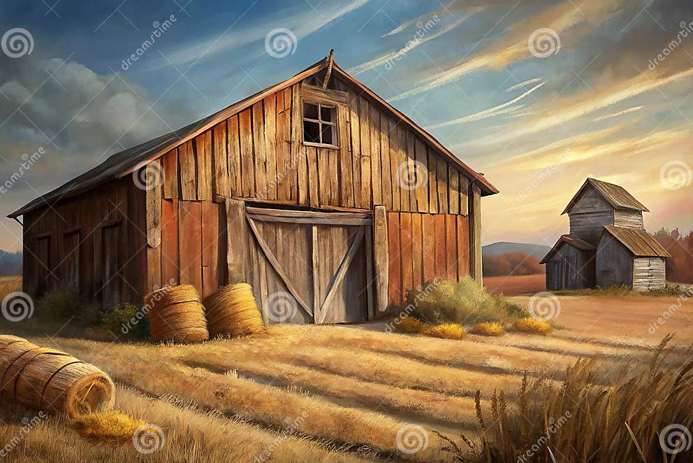 Rustic Barn and Silo at Sunset Stock Illustration - Illustration of ...