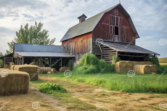 Rustic Barn with Stack of Hay Bales and Feeding Troughs Stock Photo ...
