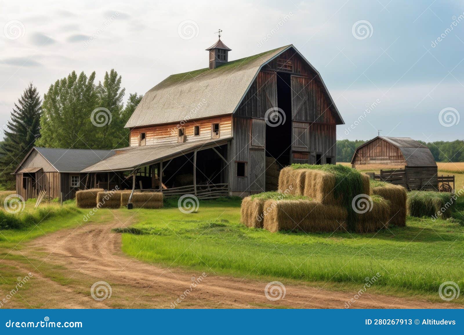Rustic Barn with Stack of Hay Bales and Feeding Troughs Stock ...