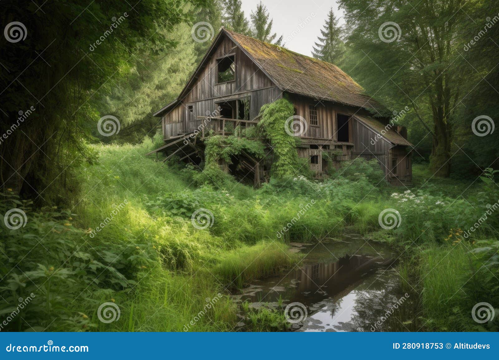 Rustic Barn with Stream, Surrounded by Lush Greenery Stock Illustration ...