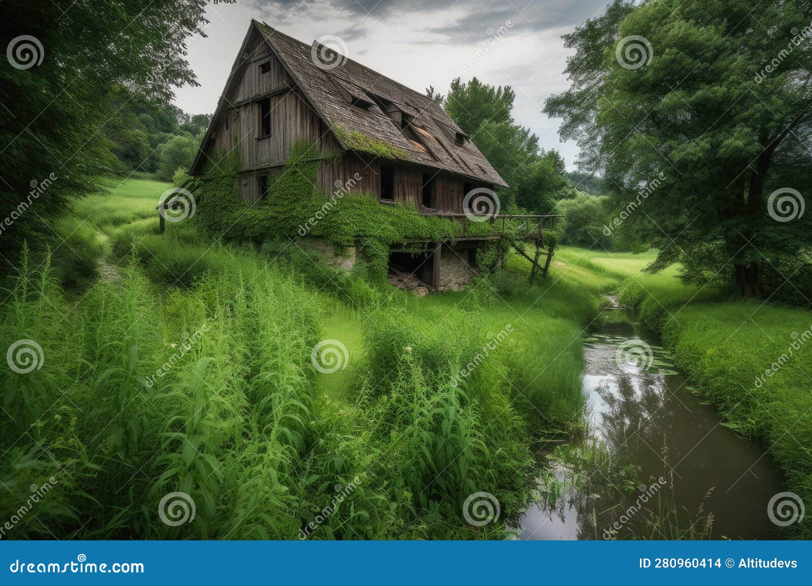 Rustic Barn with Stream, Surrounded by Lush Greenery Stock Illustration ...