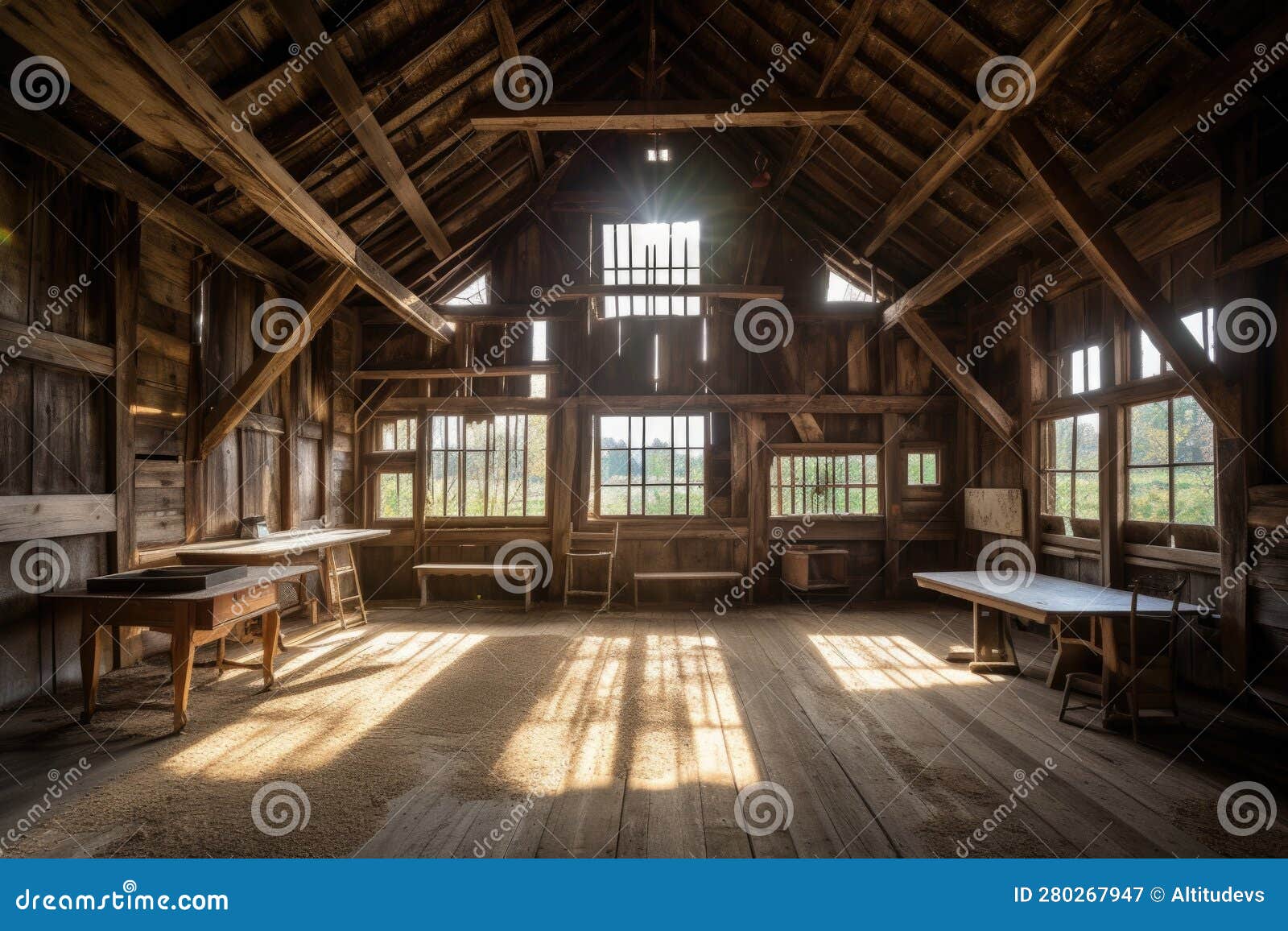 Rustic Barn with Sun Shining through the Windows, Illuminating the ...