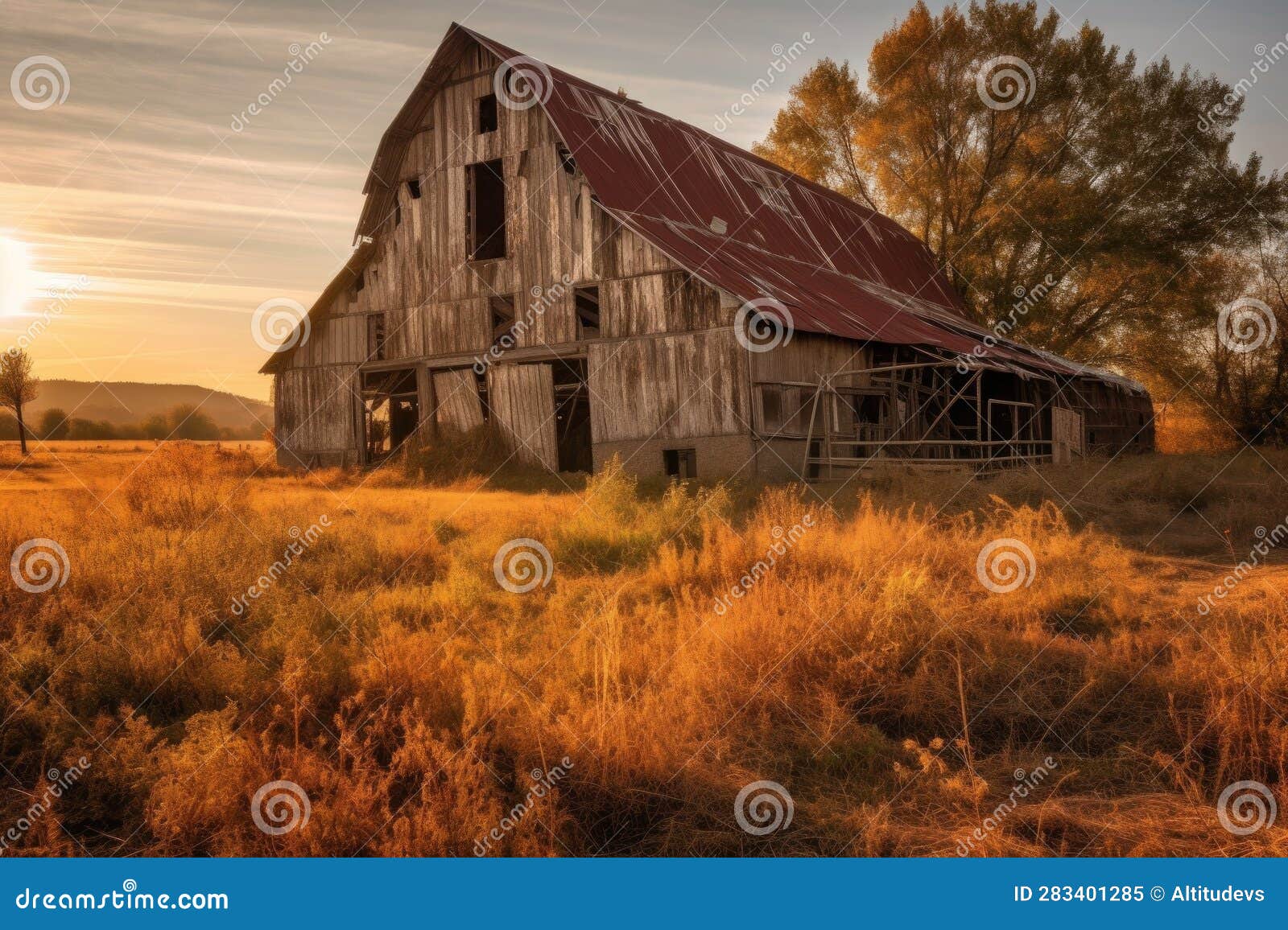 Rustic Barn at Sunset Casting Long Shadows Stock Illustration ...