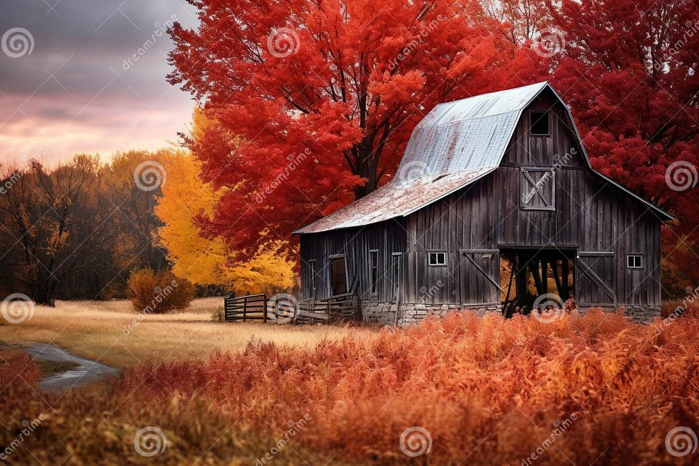 Rustic Barn Surrounded by a Burst of Fall Colors Stock Illustration ...