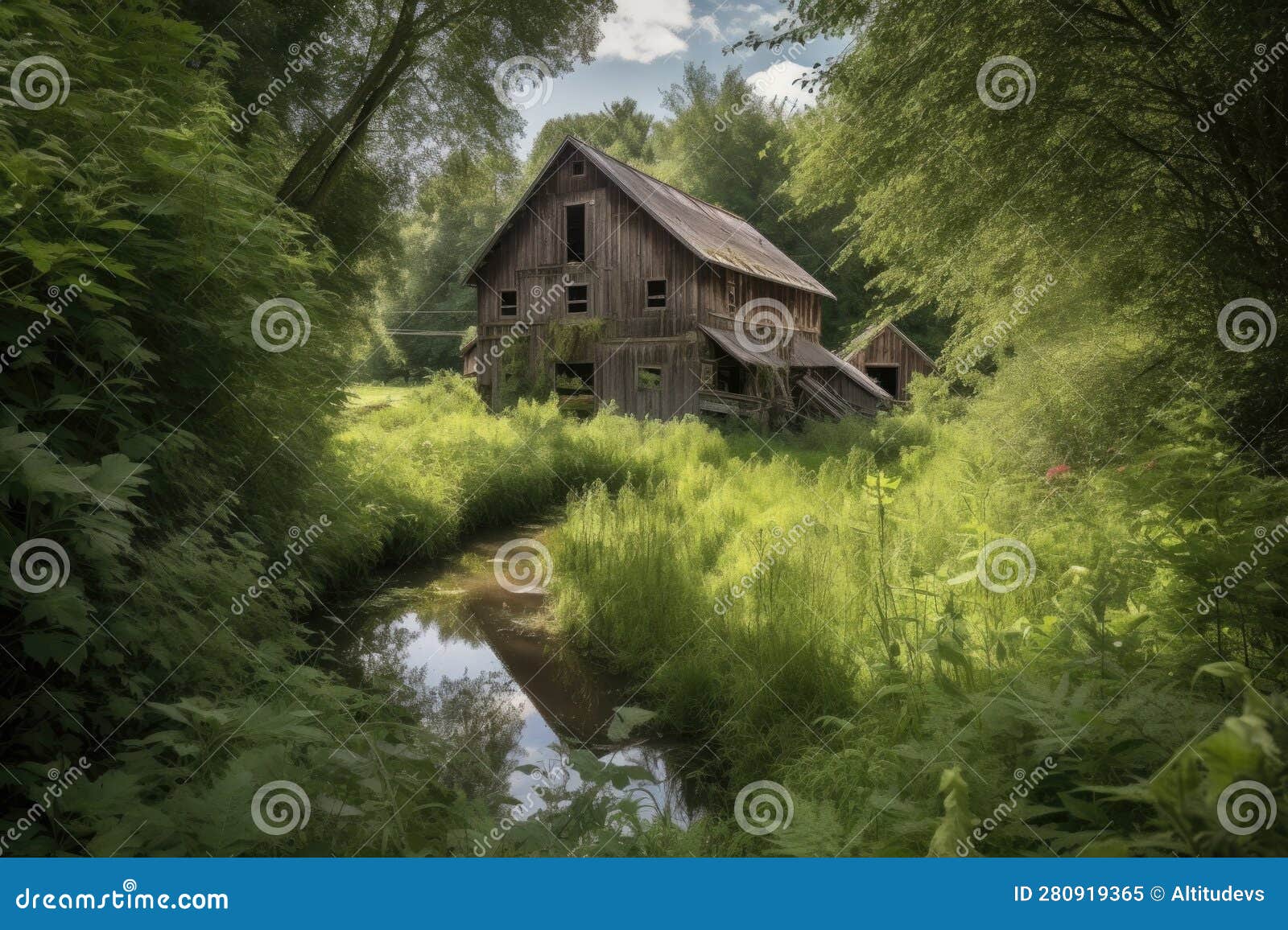 Rustic Barn Surrounded by Lush Greenery and Running Stream Stock Image ...