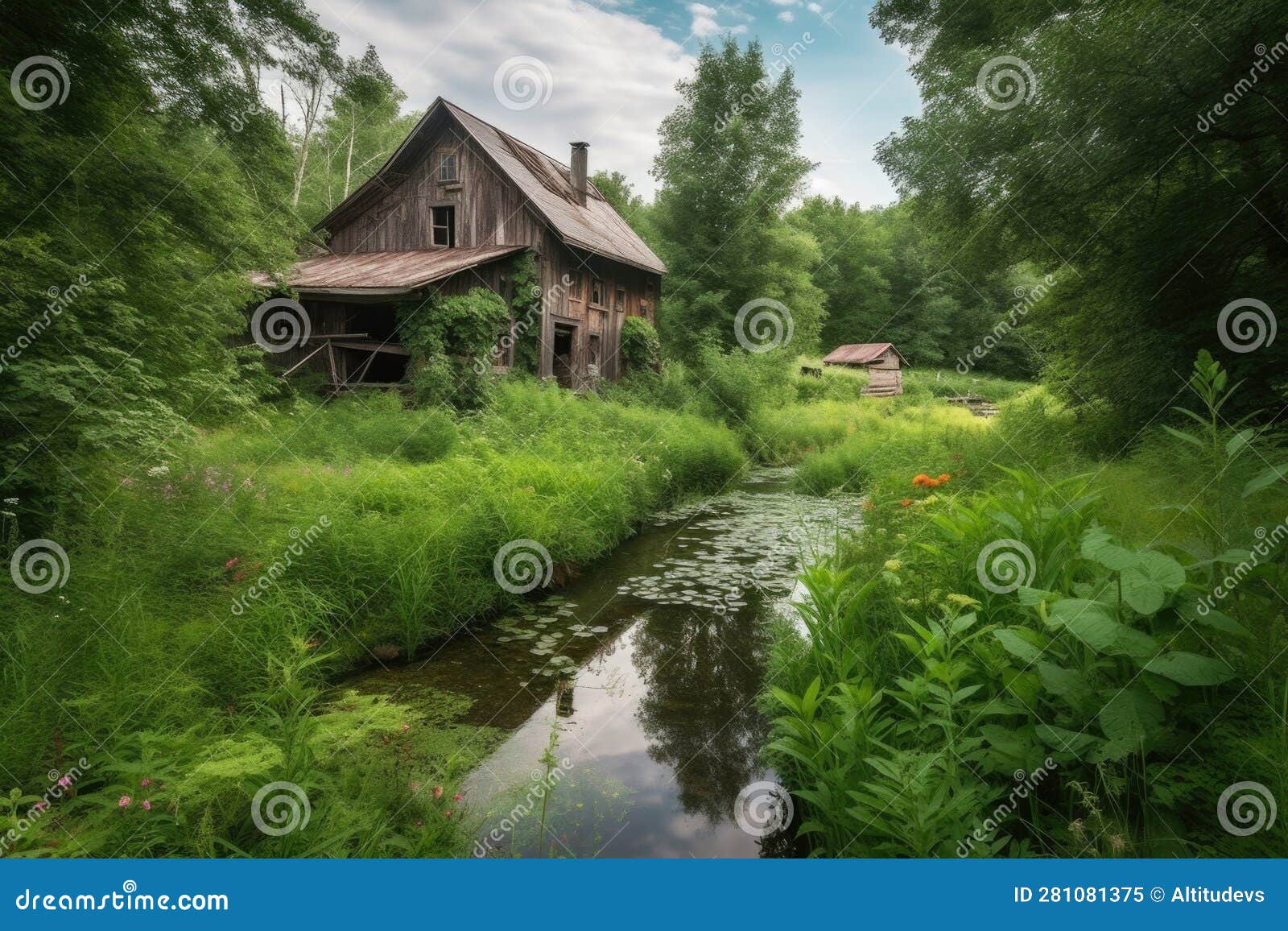 Rustic Barn Surrounded by Lush Greenery and Running Stream Stock ...