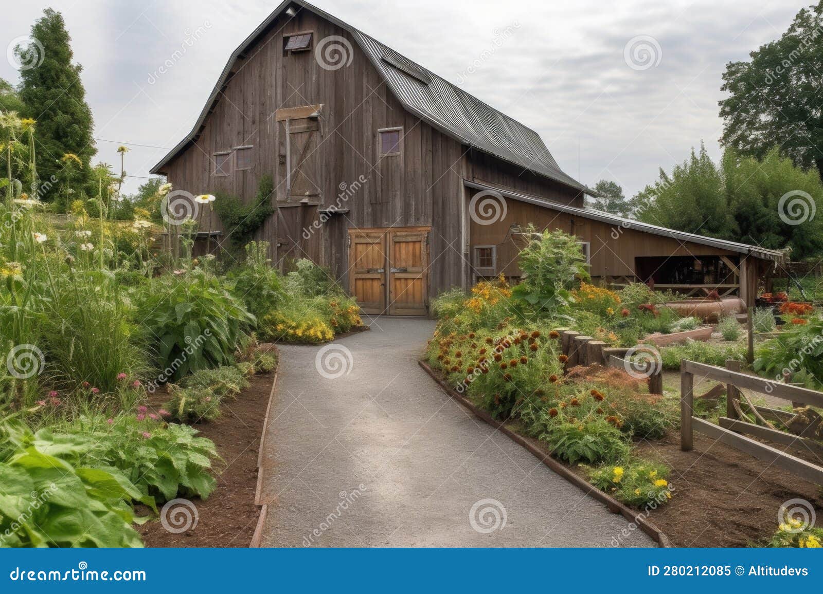 Rustic Barn Surrounded by Sunflowers and Bluestone Walkway Stock ...