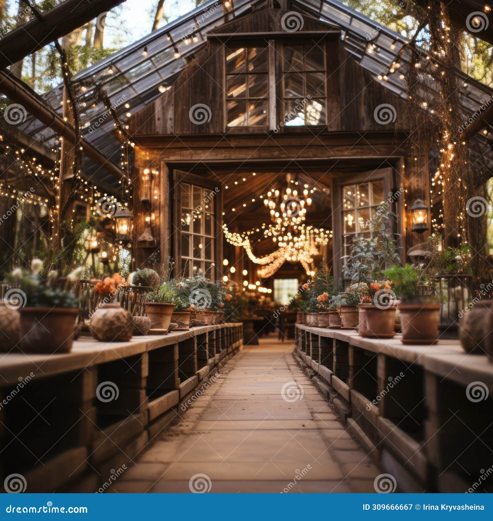 Rustic Barn Venue Adorned with String Lights and Greenery Stock Image ...