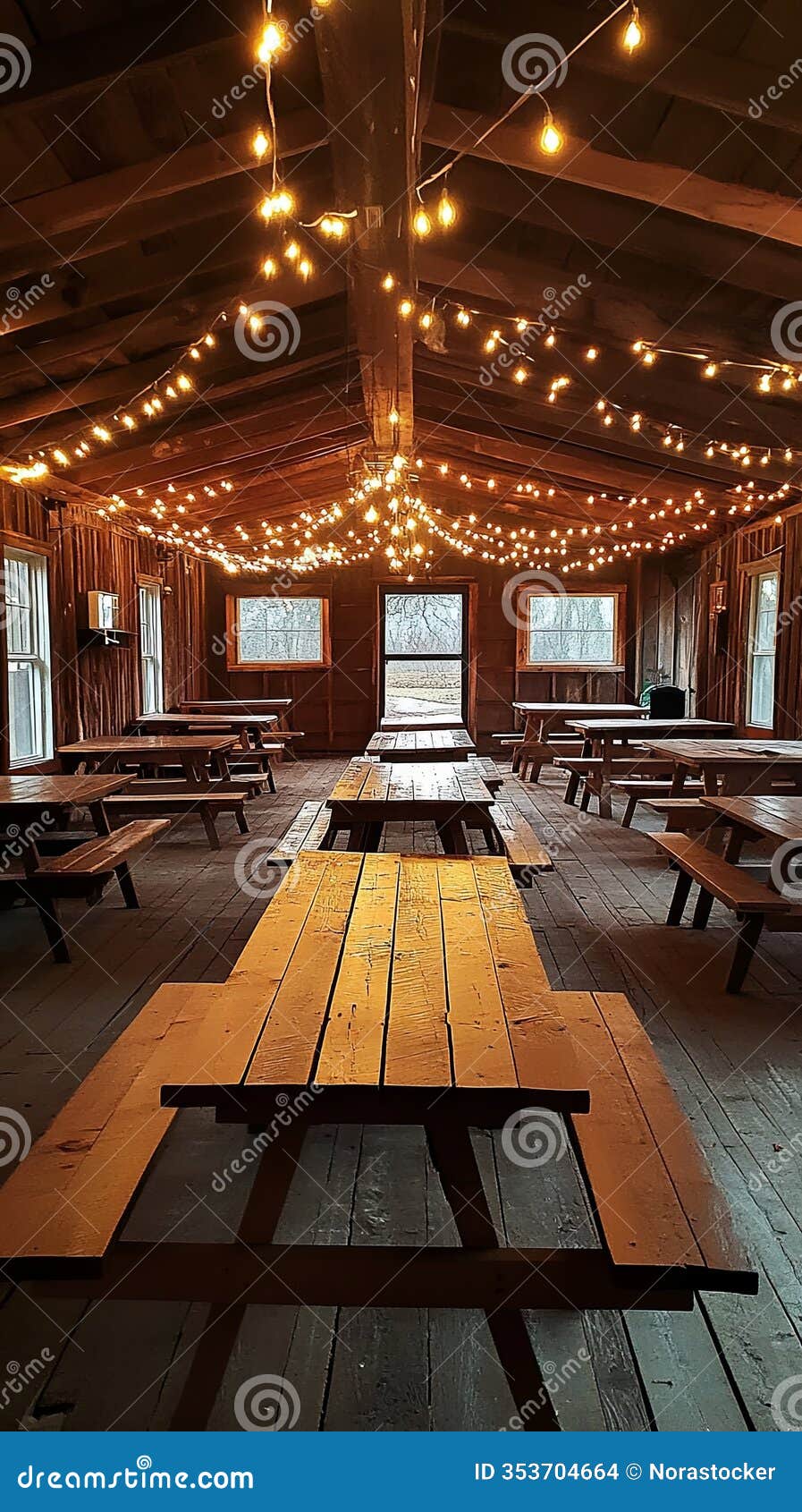 A Rustic Barn Venue Set Up for a Wedding with String Lights and Stock ...