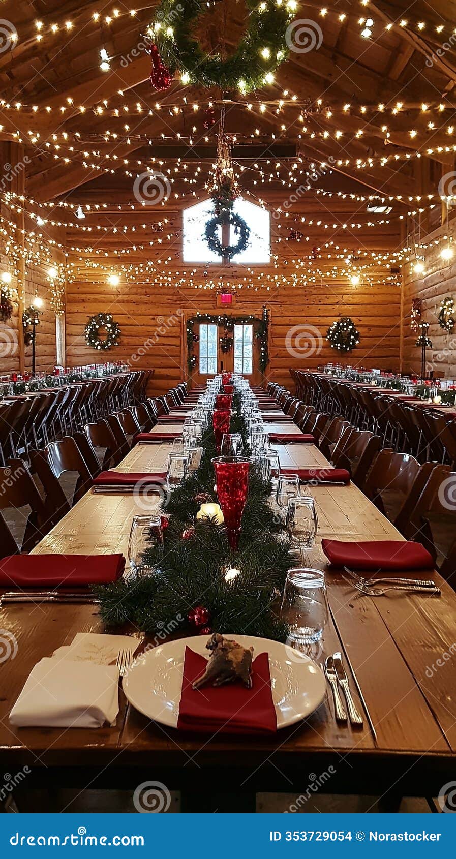 A Rustic Barn Venue Set Up for a Wedding with String Lights and Stock ...