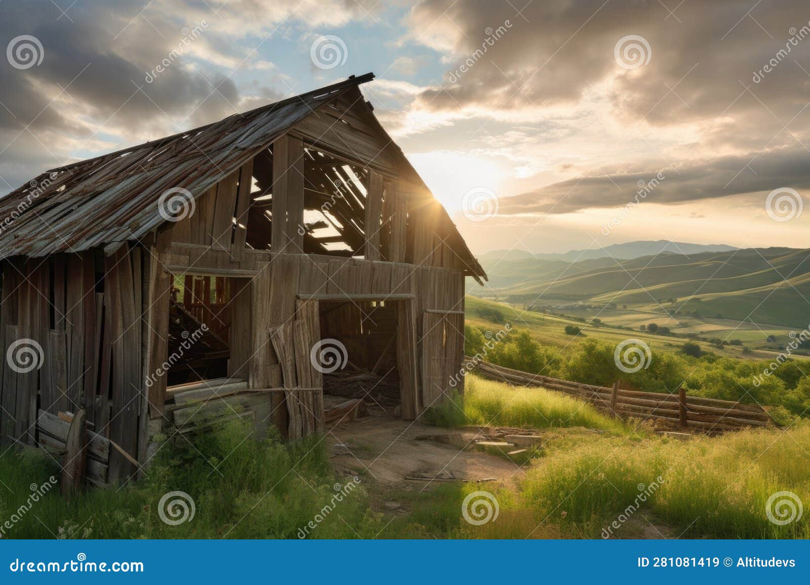 Rustic Barn with View of Rolling Hills and Sunlit Sky Stock Image ...