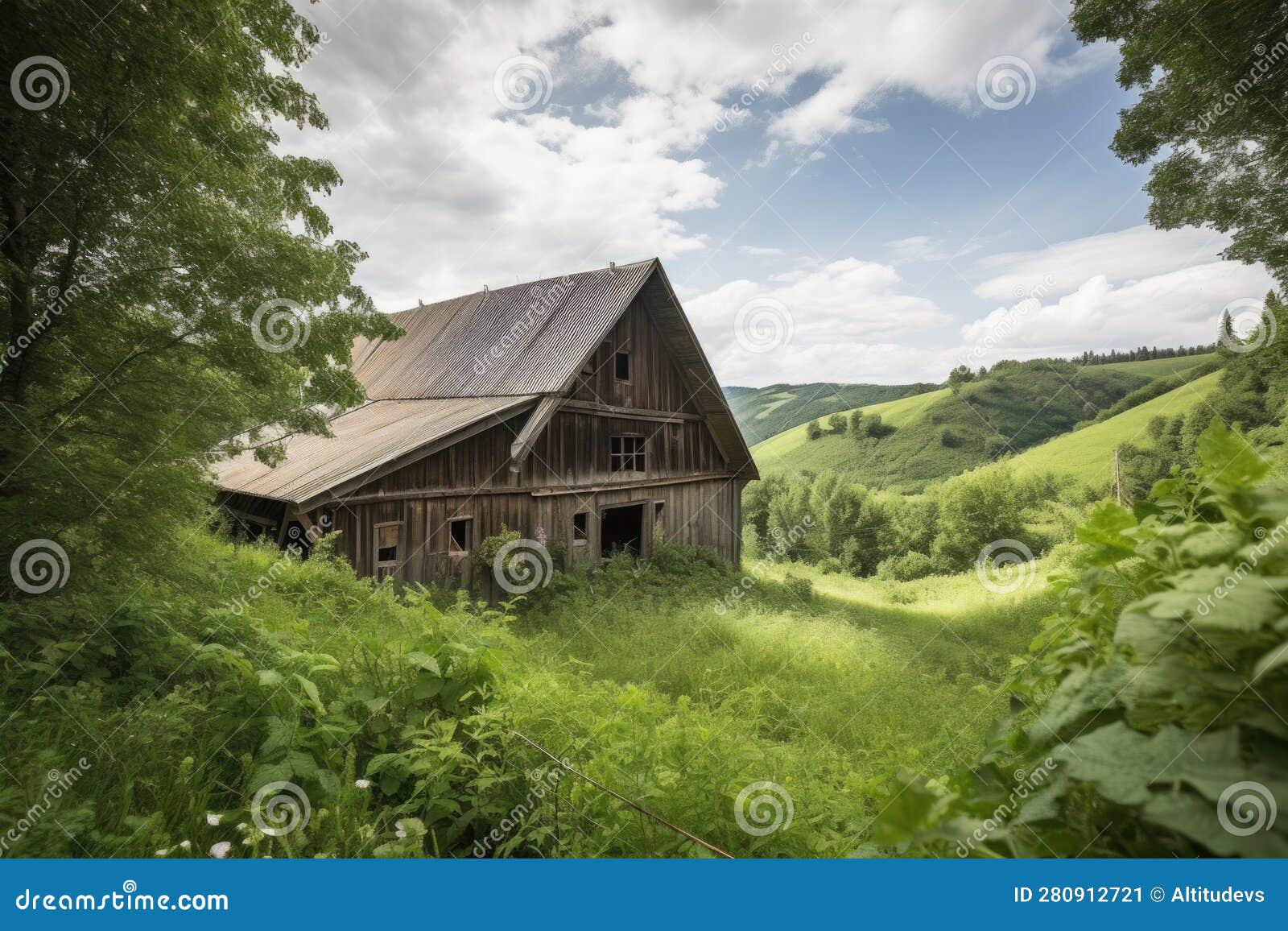 Rustic Barn with View of Rolling Hills, Surrounded by Lush Greenery ...