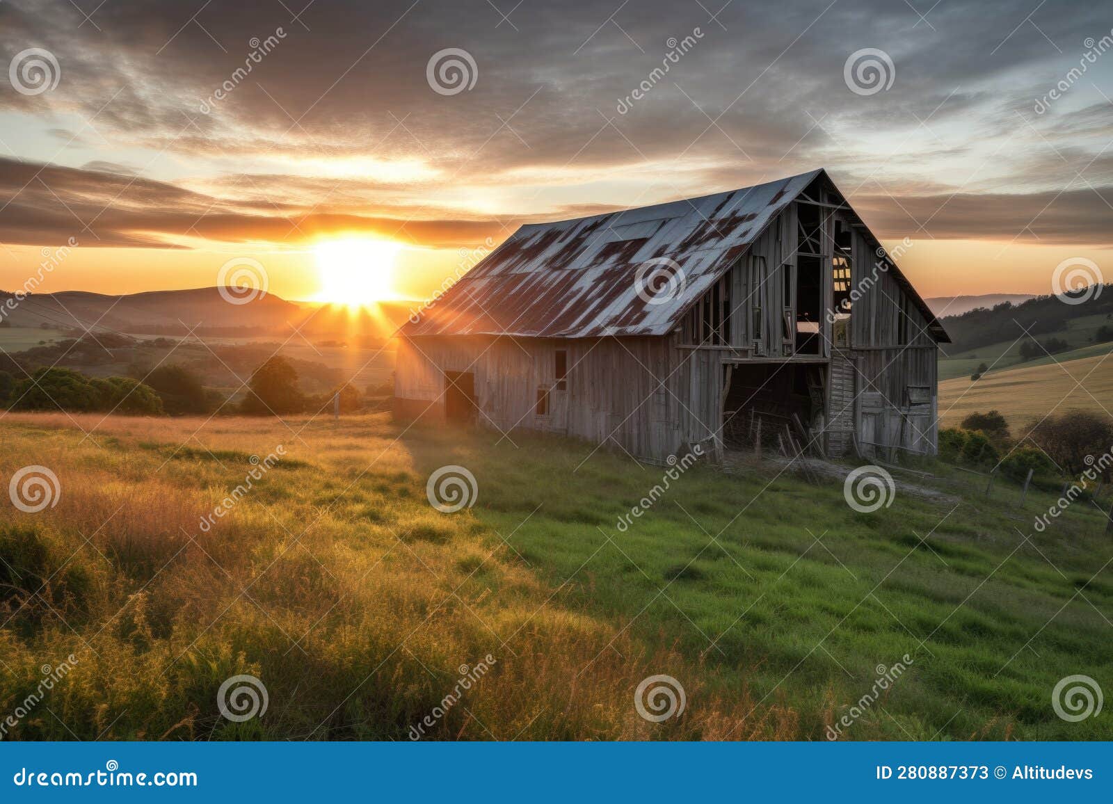 Rustic Barn, with View of Sunrise, Surrounded by Rolling Hills Stock ...