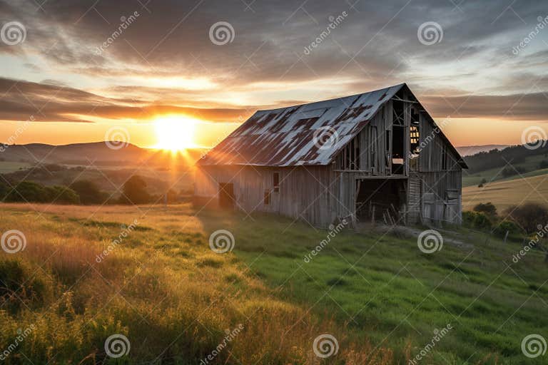 Rustic Barn, with View of Sunrise, Surrounded by Rolling Hills Stock ...