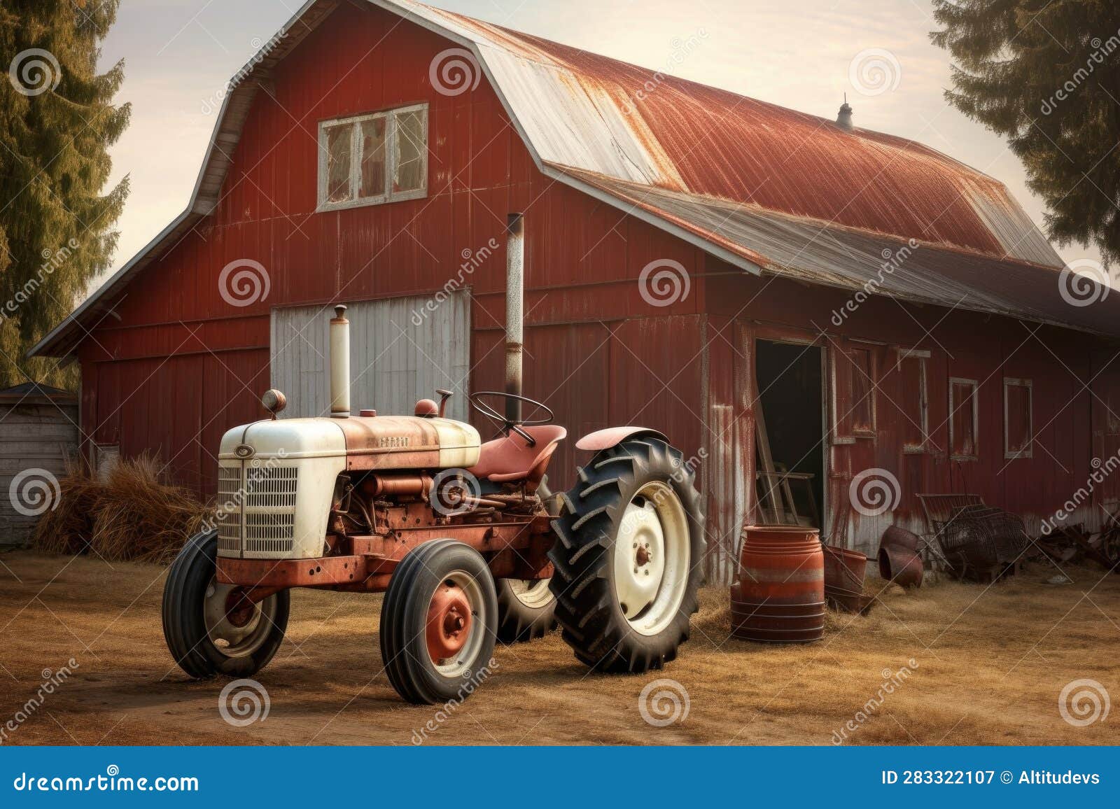 Rustic Barn with a Vintage Tractor Parked Outside Stock Illustration ...