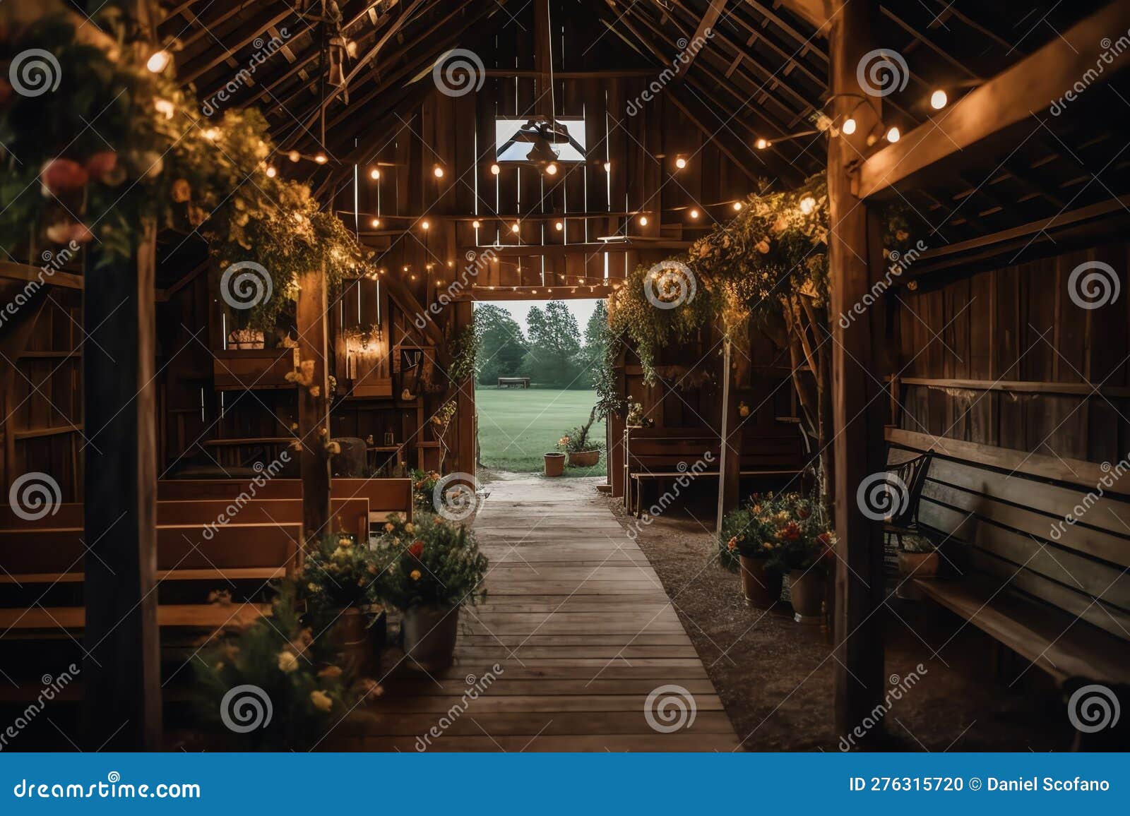 A Rustic Barn Wedding with String Lights and Wildflowers. Generative AI ...