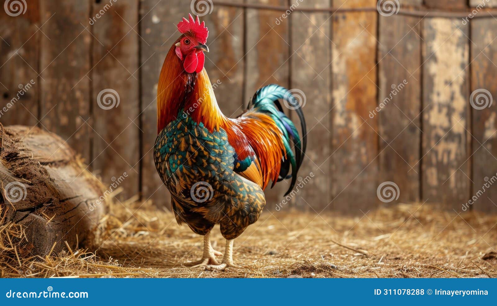 Rustic Barnyard Scene with Colorful Easter Egger Rooster Stock Photo ...