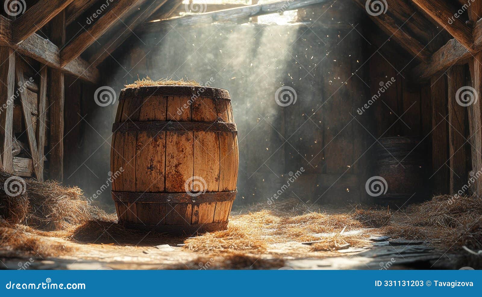 Rustic Barrel in a Sunlit Barn - Generative Ai Stock Illustration ...