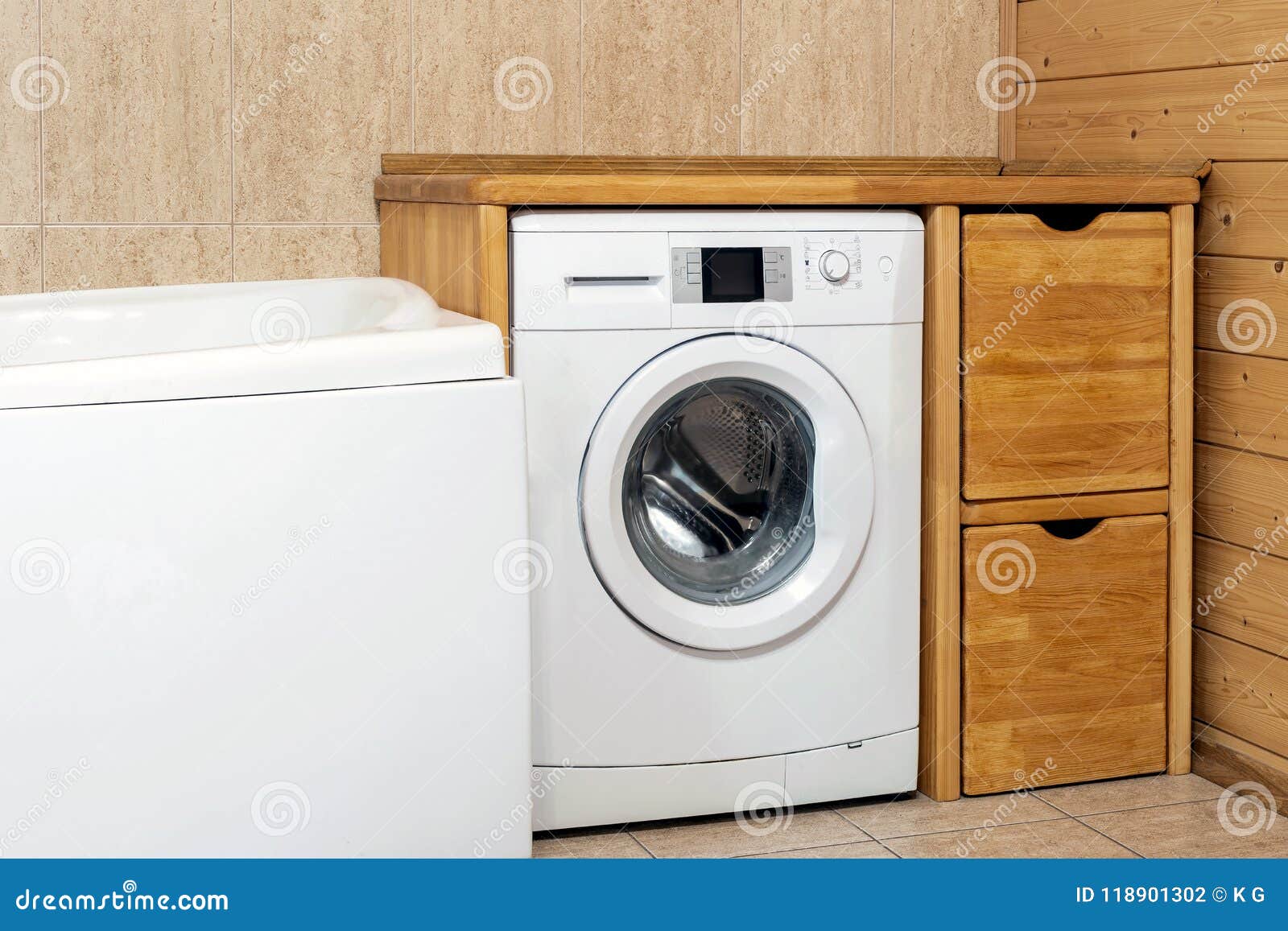 Rustic Bathroom Interior. Washer Covered Wiith Wooden Shelf. Custom ...