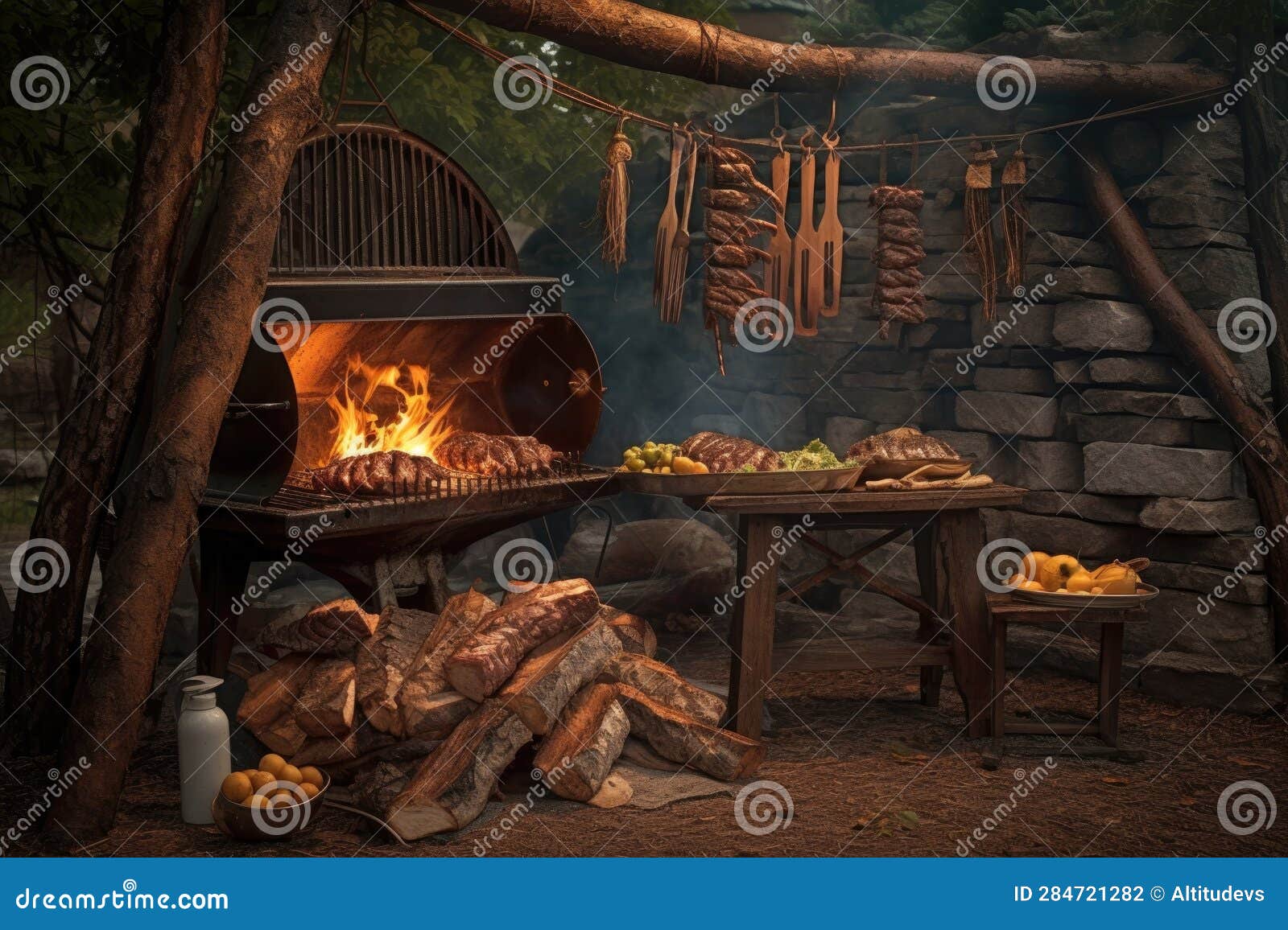 Rustic Bbq Setup with Ribs Over Campfire Stock Illustration ...